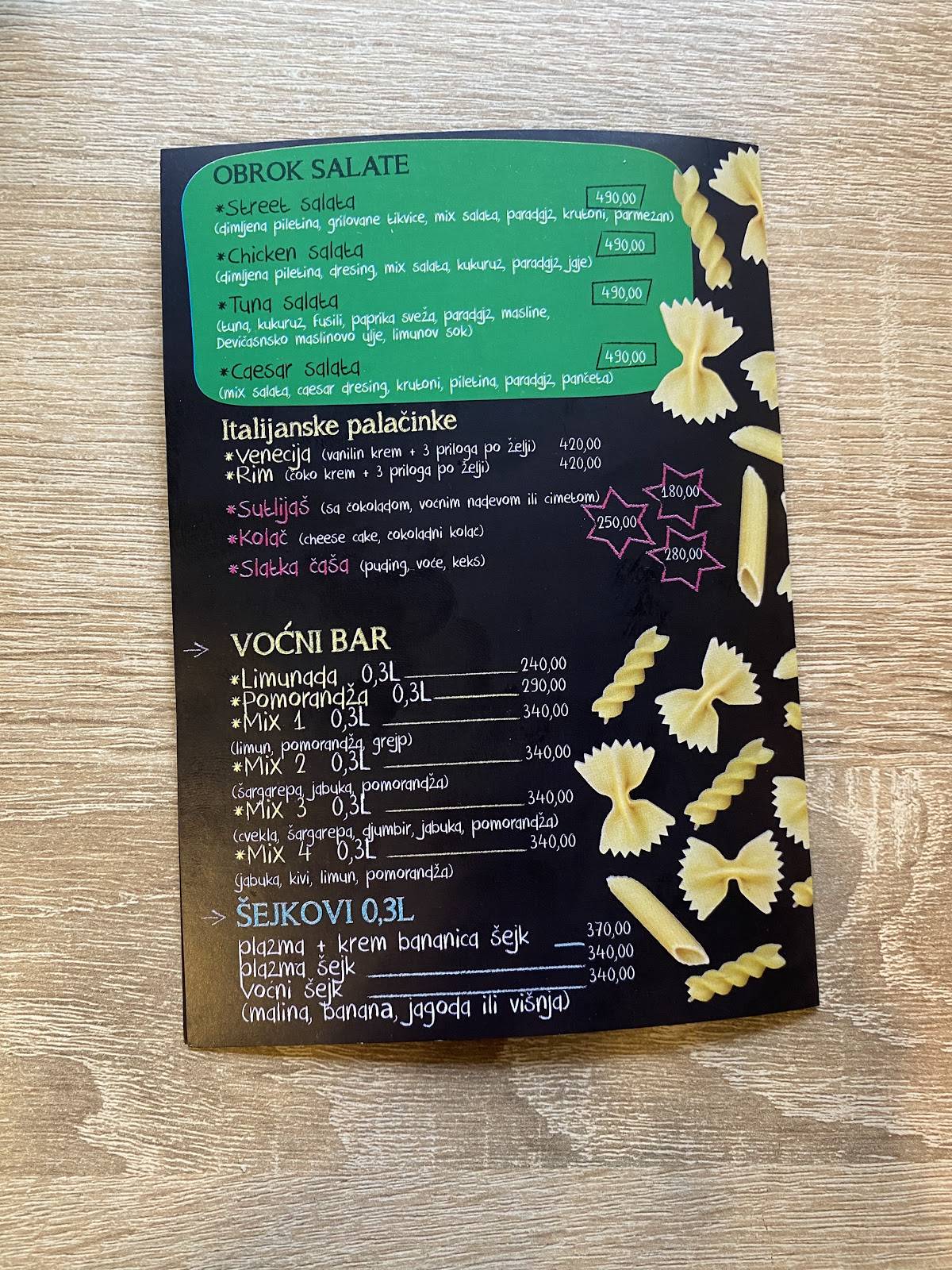 Menu at Street Pasta Bar - Sremska, Belgrade