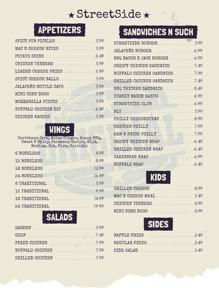 Menu at StreetSide Grill & Bar, Whitesburg