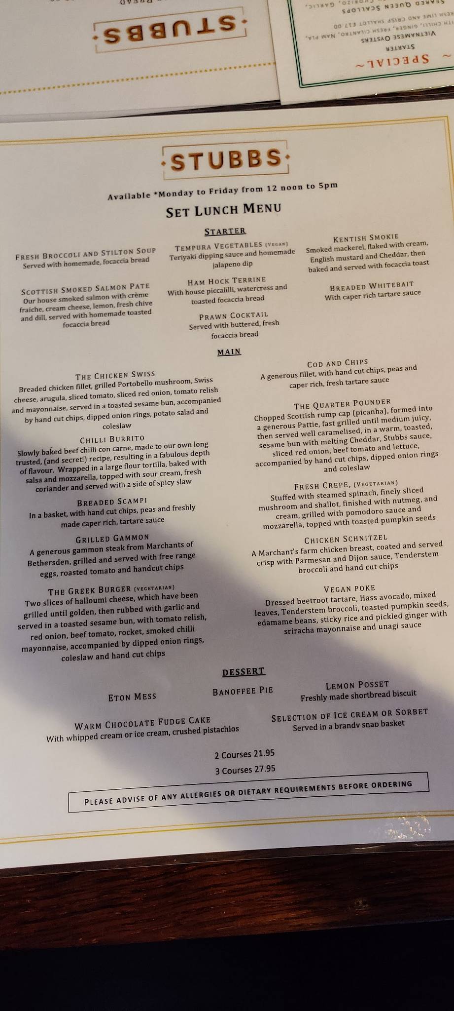 Menu at Stubbs Restaurant, Ashford