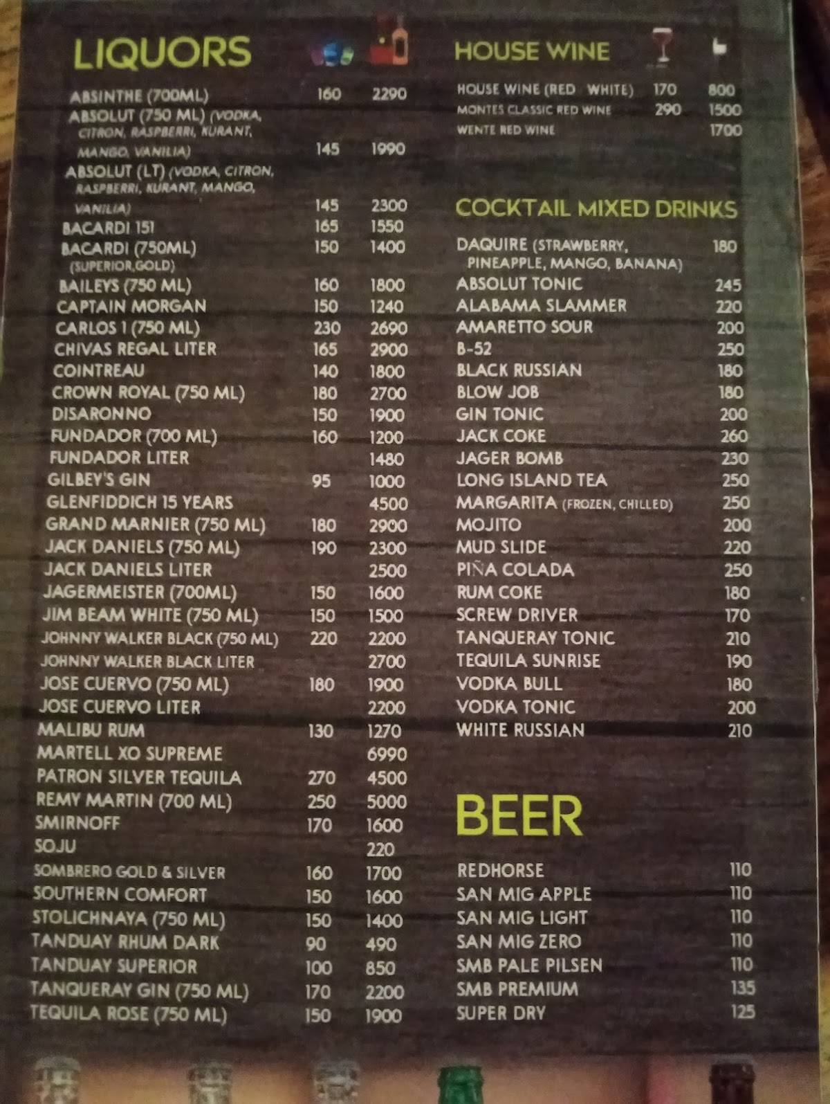 Menu at Magic Lagoon Bar, Subic Bay Freeport Zone, Bldg. 716