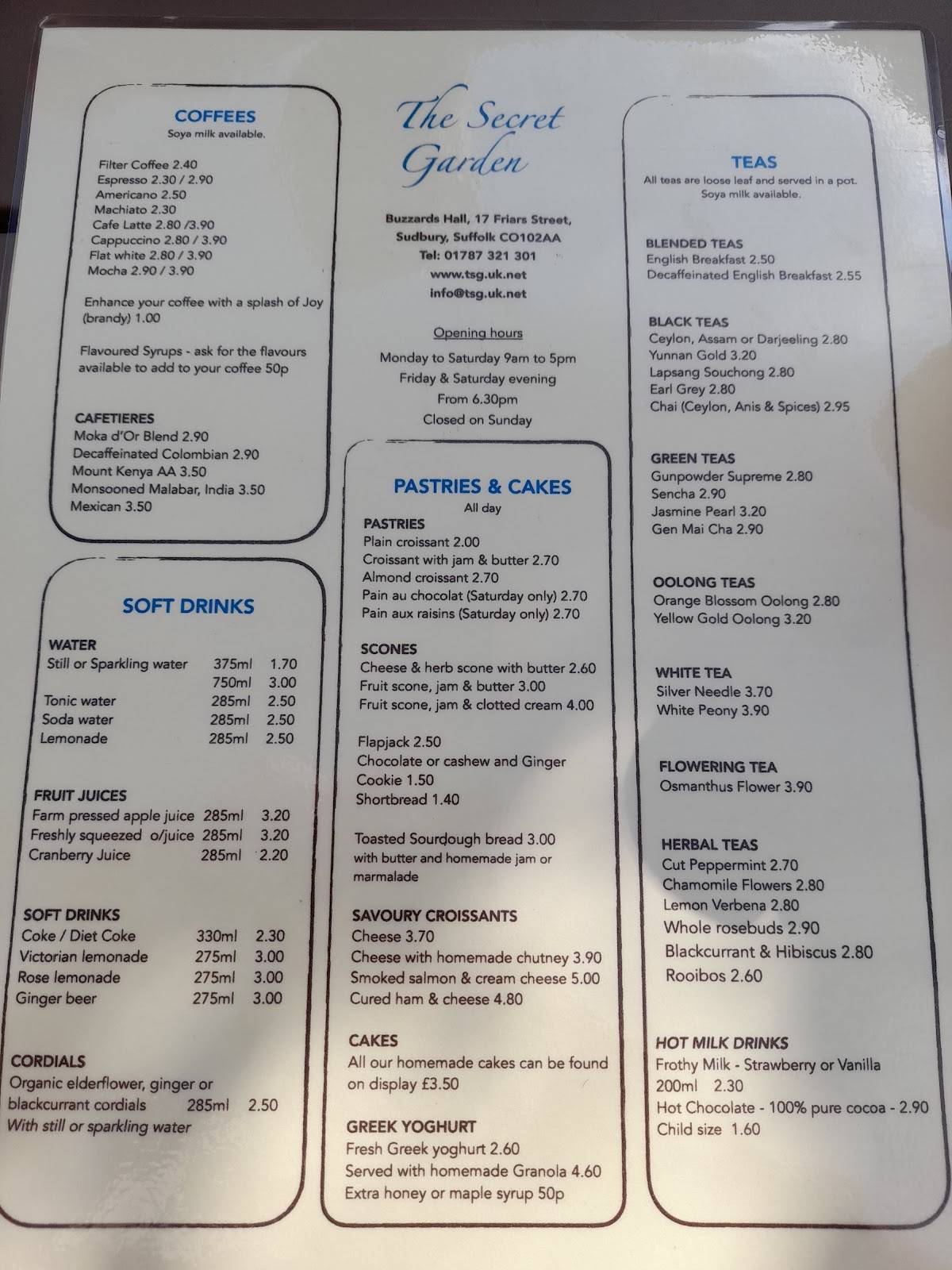 Menu at The Secret Garden restaurant, Sudbury