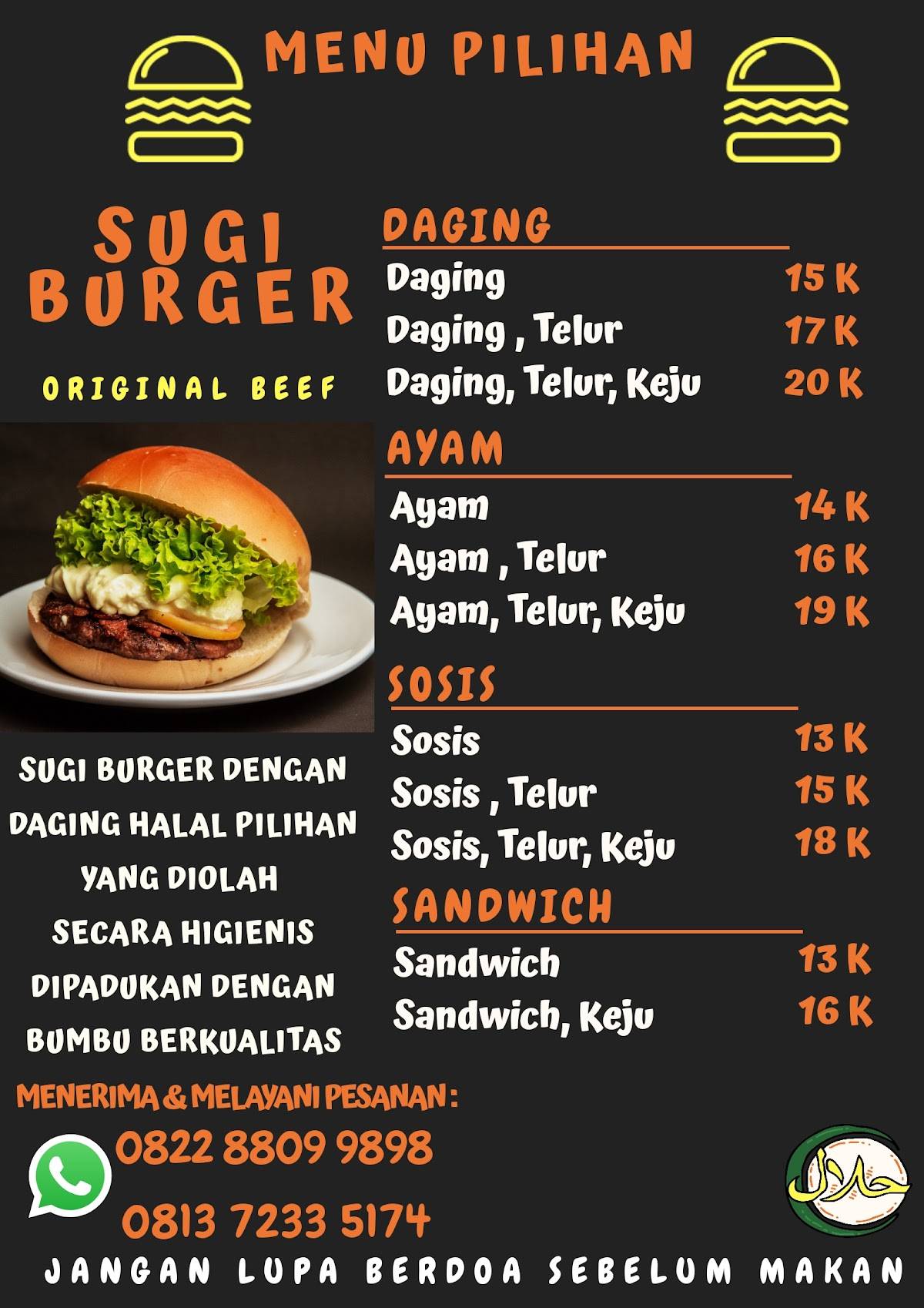 Menu at Sugi Burger restaurant, East Jakarta