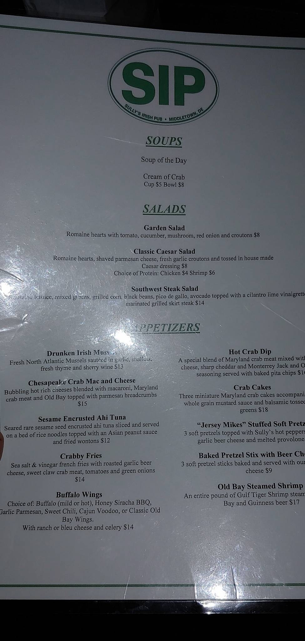 Menu at Sully's Irish Pub, Middletown