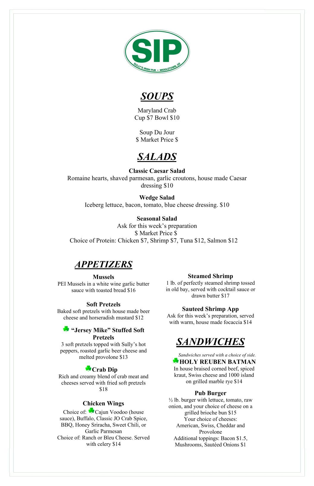 Menu at Sully's Irish Pub, Middletown