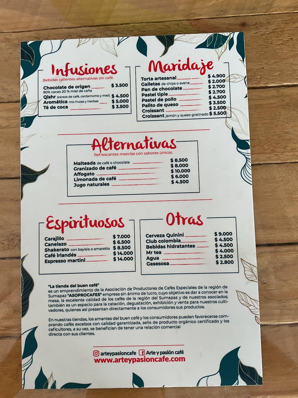 Menu at Suma Paz Café, Fusagasugá