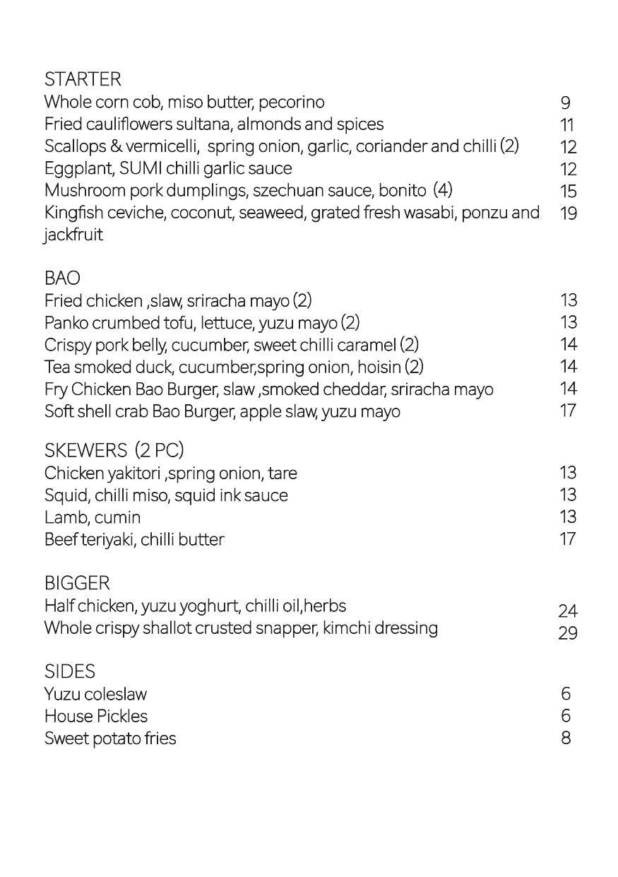 Menu at Sumi restaurant, Geelong