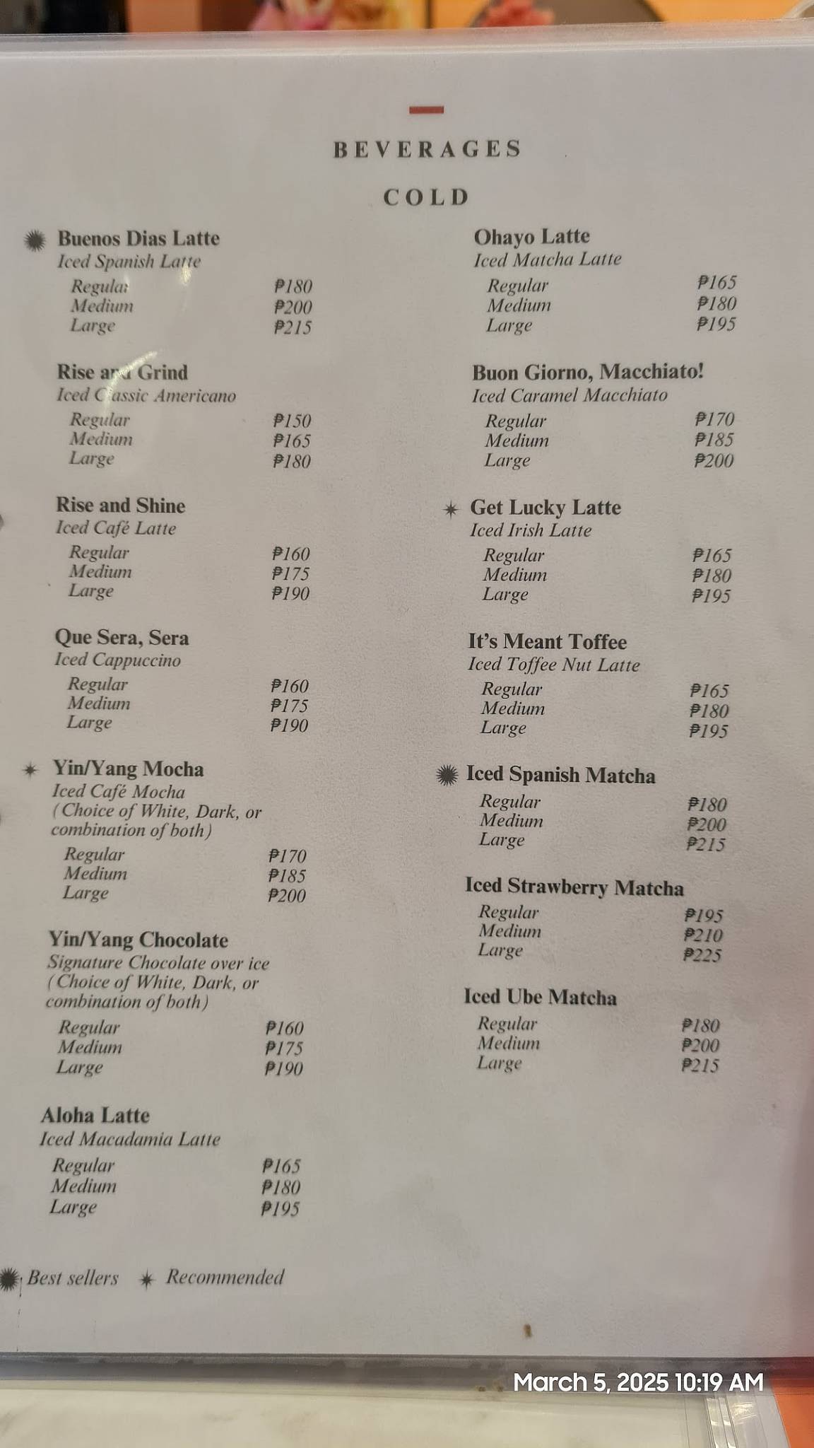 Menu at Sun Café cafe, Manila