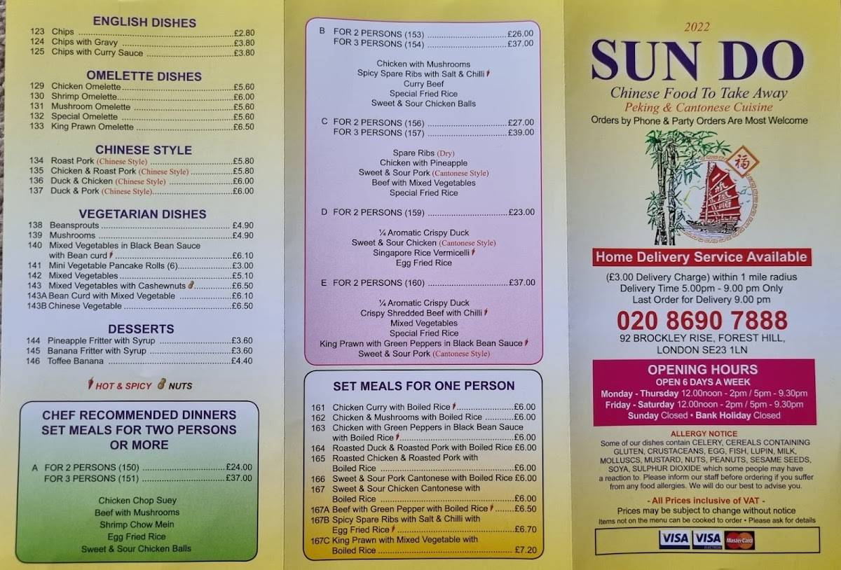 Menu at Sun Do restaurant, London, 92 Brockley Rise