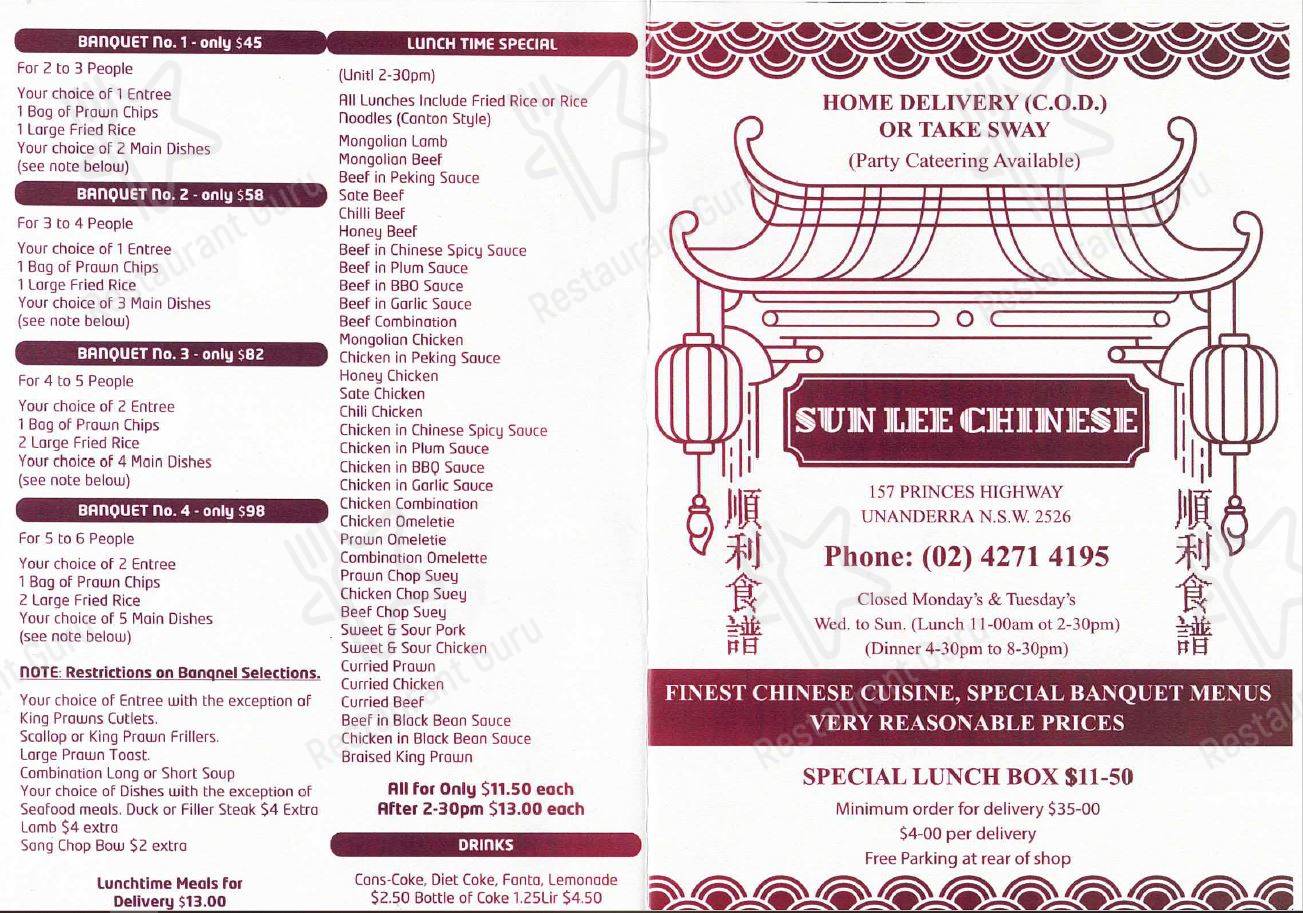 Menu at Sun Lee Chinese Take Away Food fast food, Unanderra