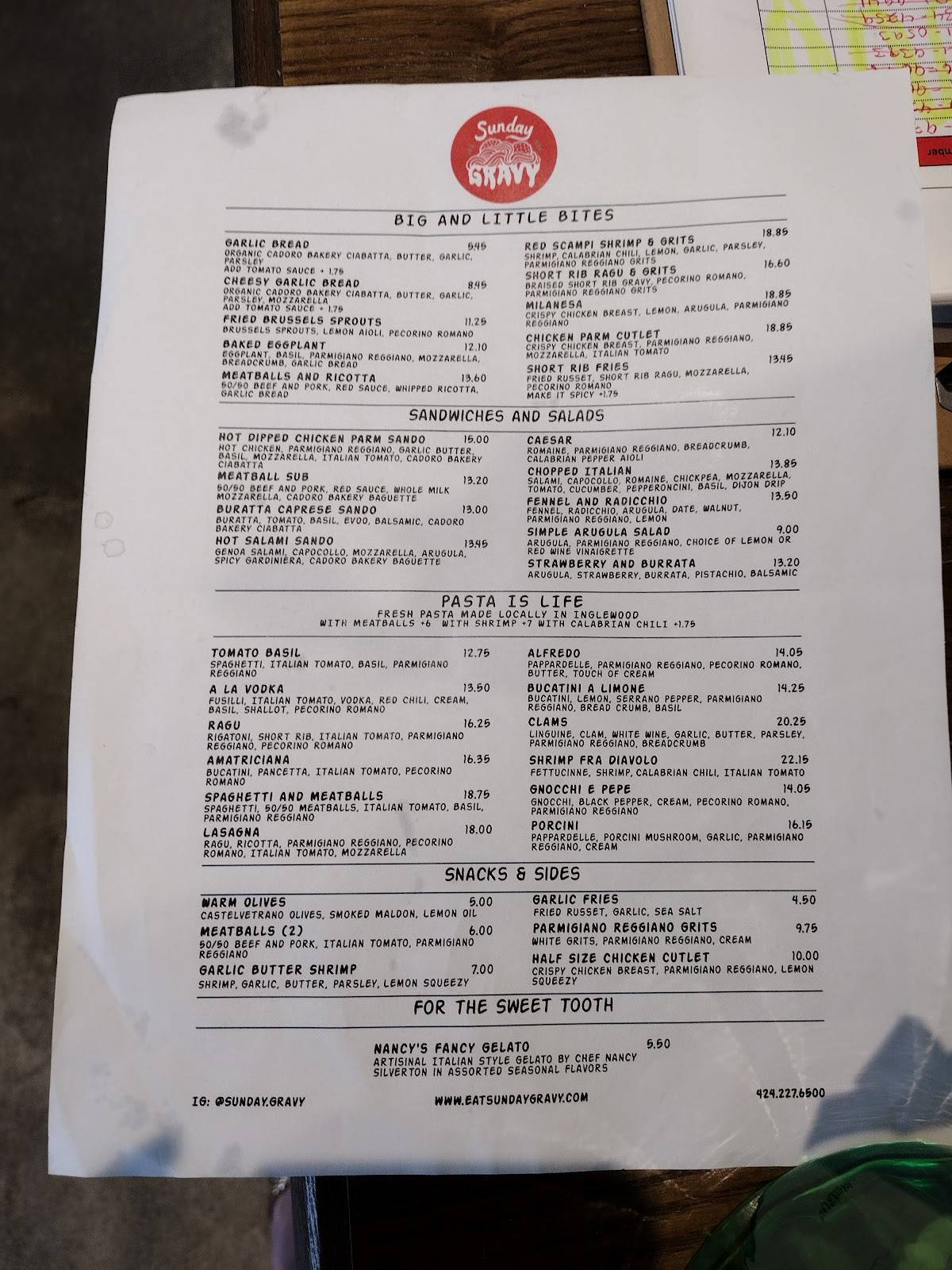 Menu at Sunday Gravy restaurant, Inglewood