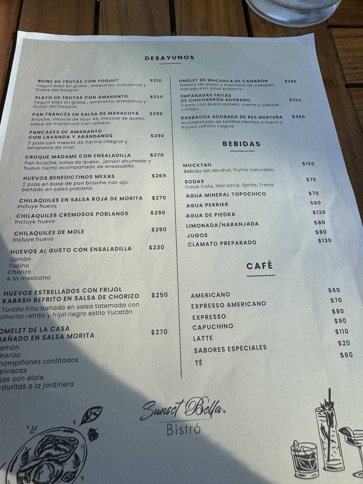 Menu at Sunset Bella Bistro restaurant, Rosarito