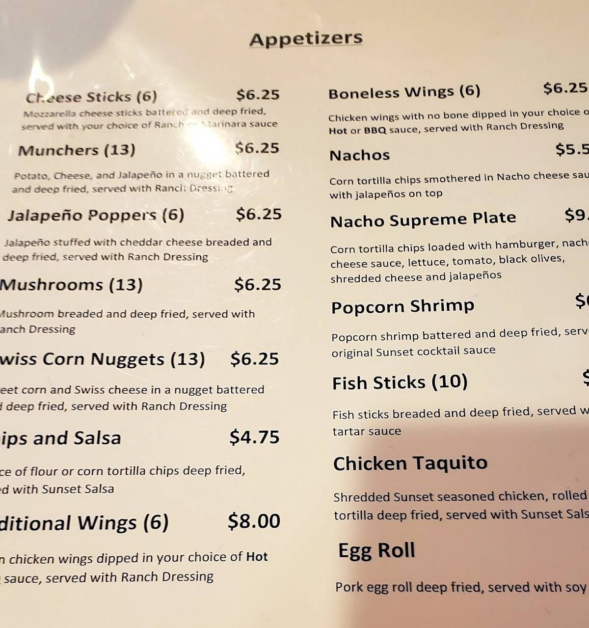 Menu at The Sunset Inn Bar and Grill, Pueblo