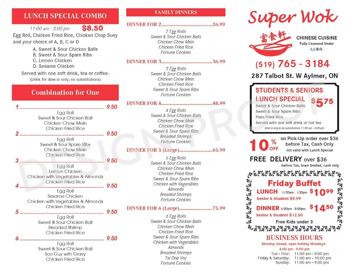 Menu at Super Wok restaurant, Aylmer