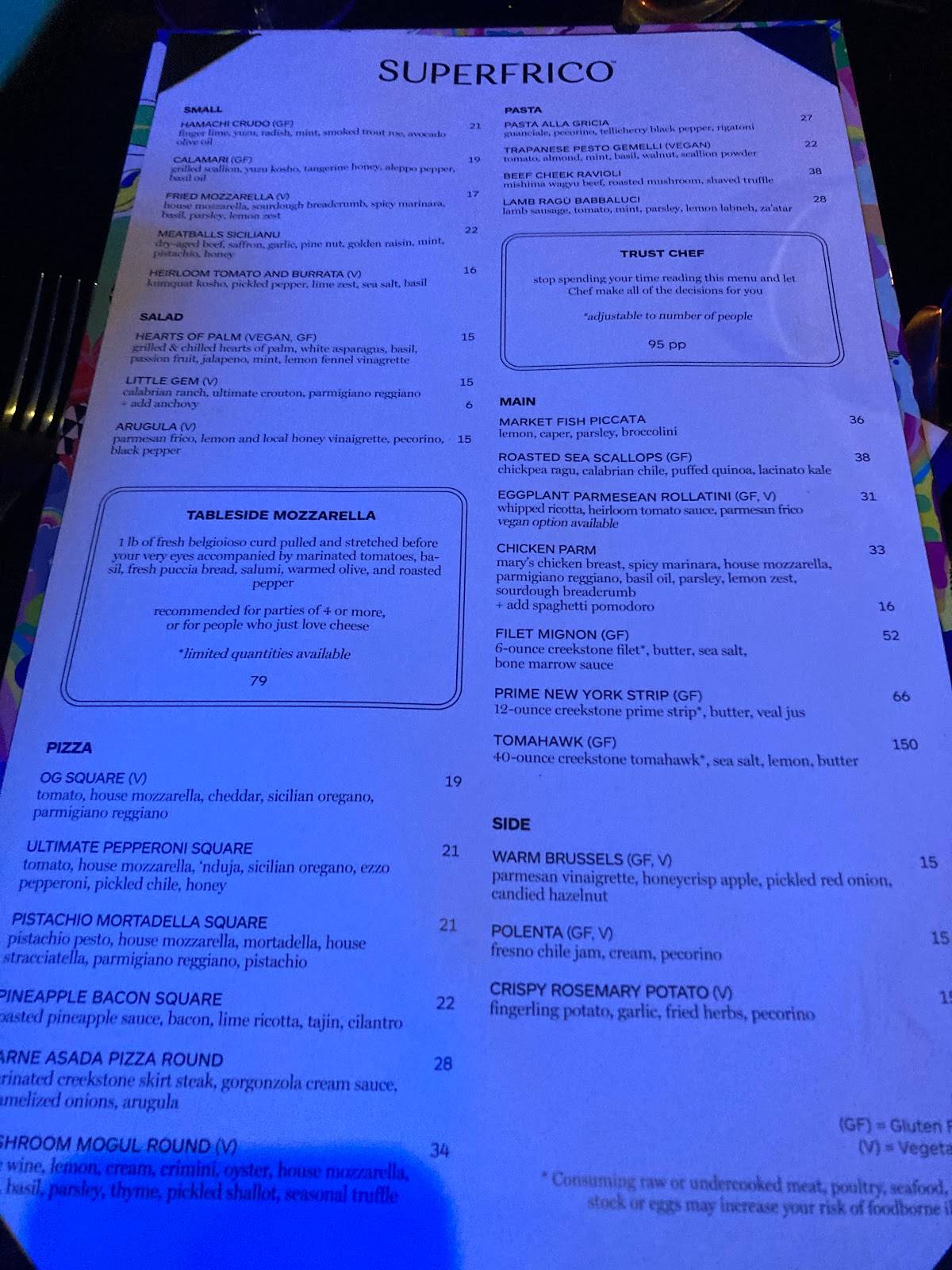 Menu at Superfrico pub & bar, Las Vegas