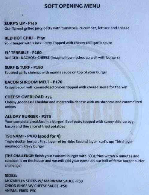 Carta del restaurante Surf Shack, Ciudad Quezon