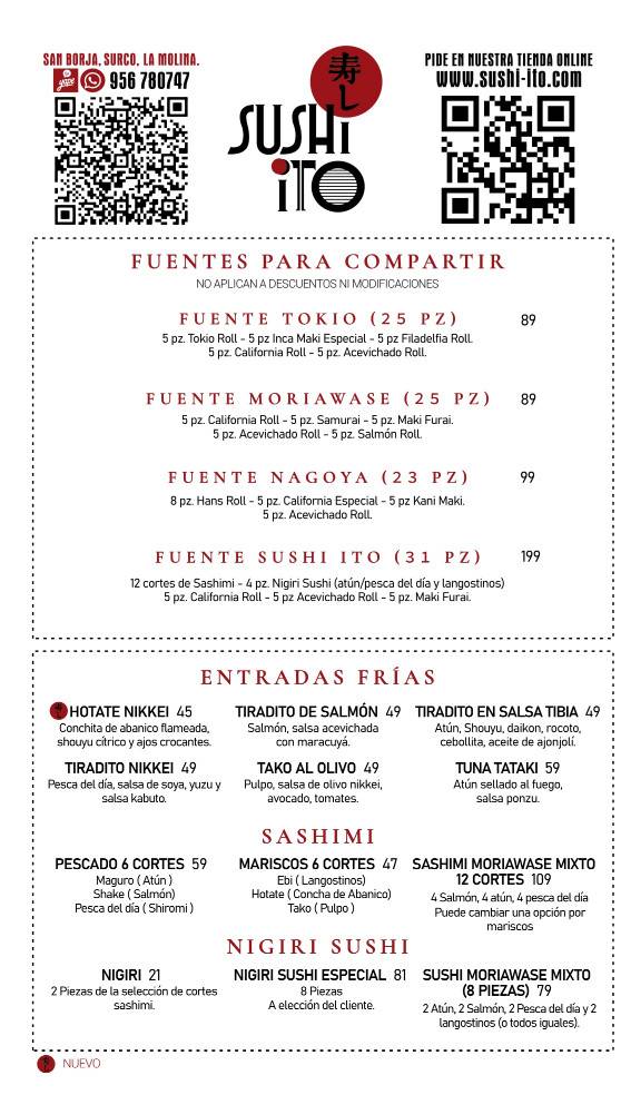 Carta del restaurante Sushi Ito, Santiago del Surco