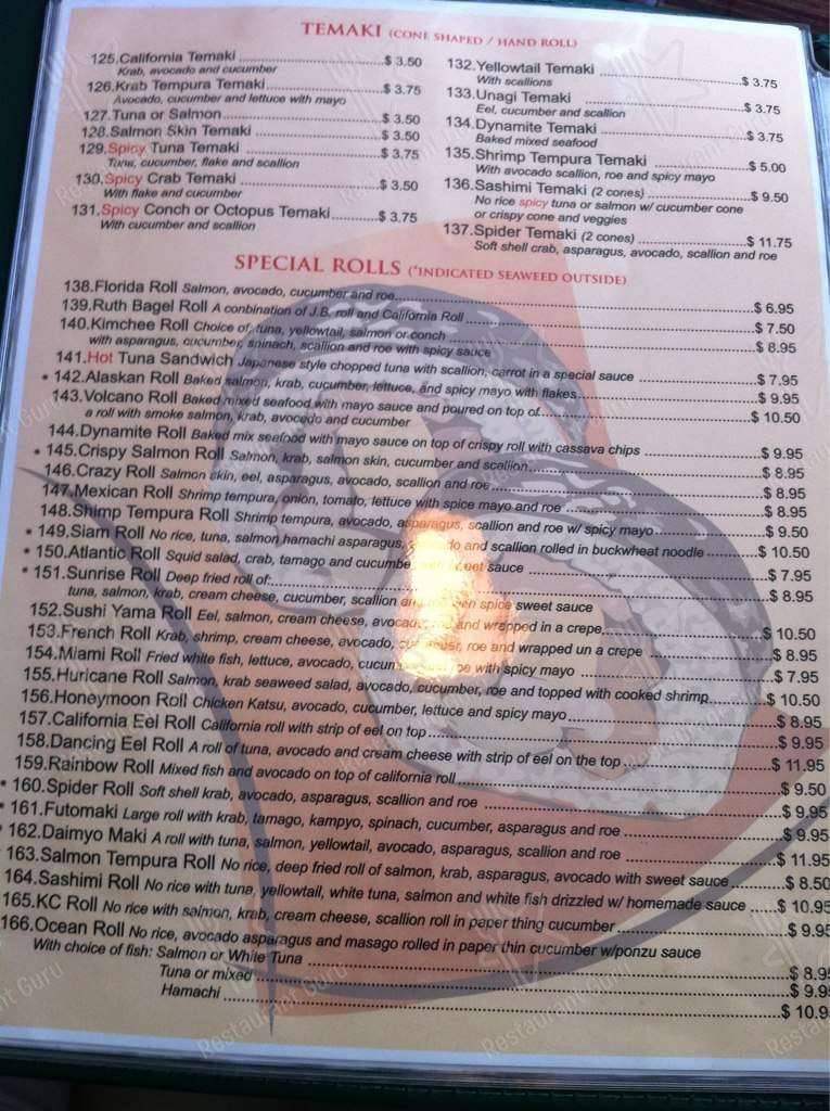 Menu at Sushi Yama Siam restaurant, Wellington
