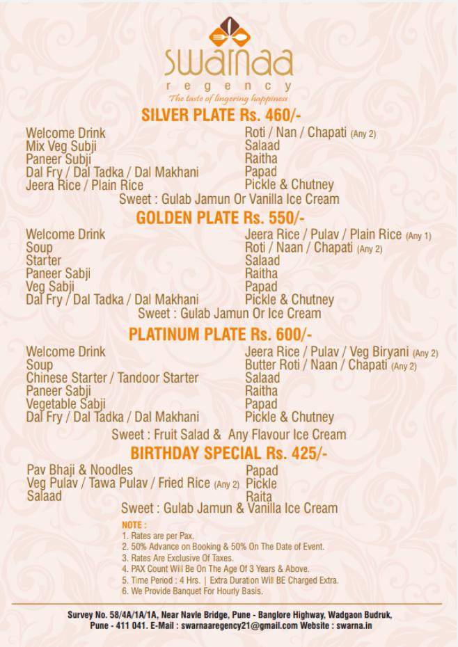 Menu at Swarnaa Vegetarian - Navle Bridge, Pune