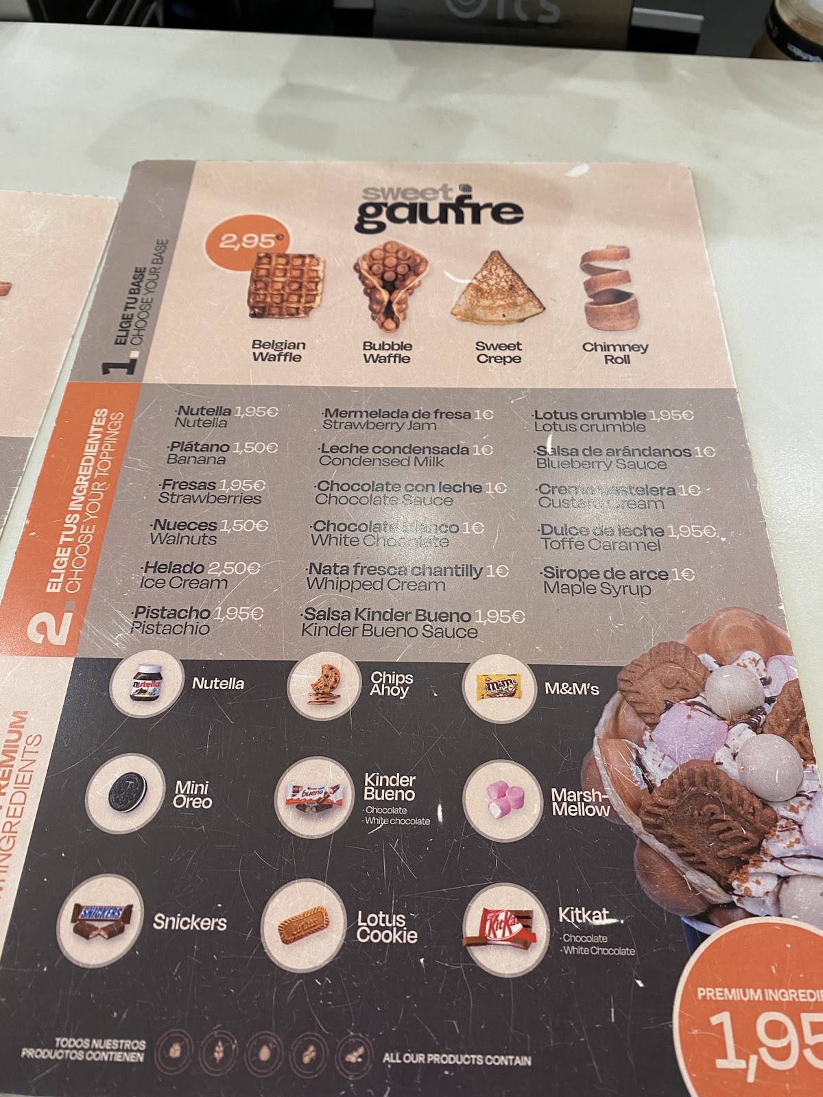 Menu at Sweet Gaufre cafe, Barcelona, La Rambla