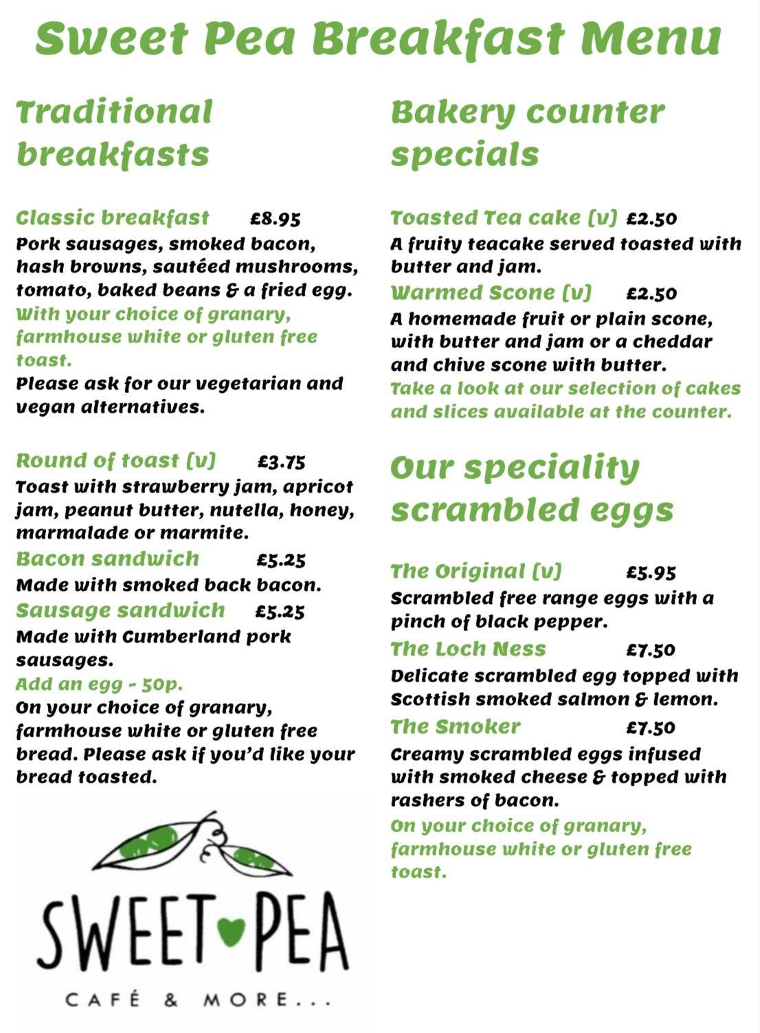 Menu at Sweet Pea Café cafe, Sturminster Newton