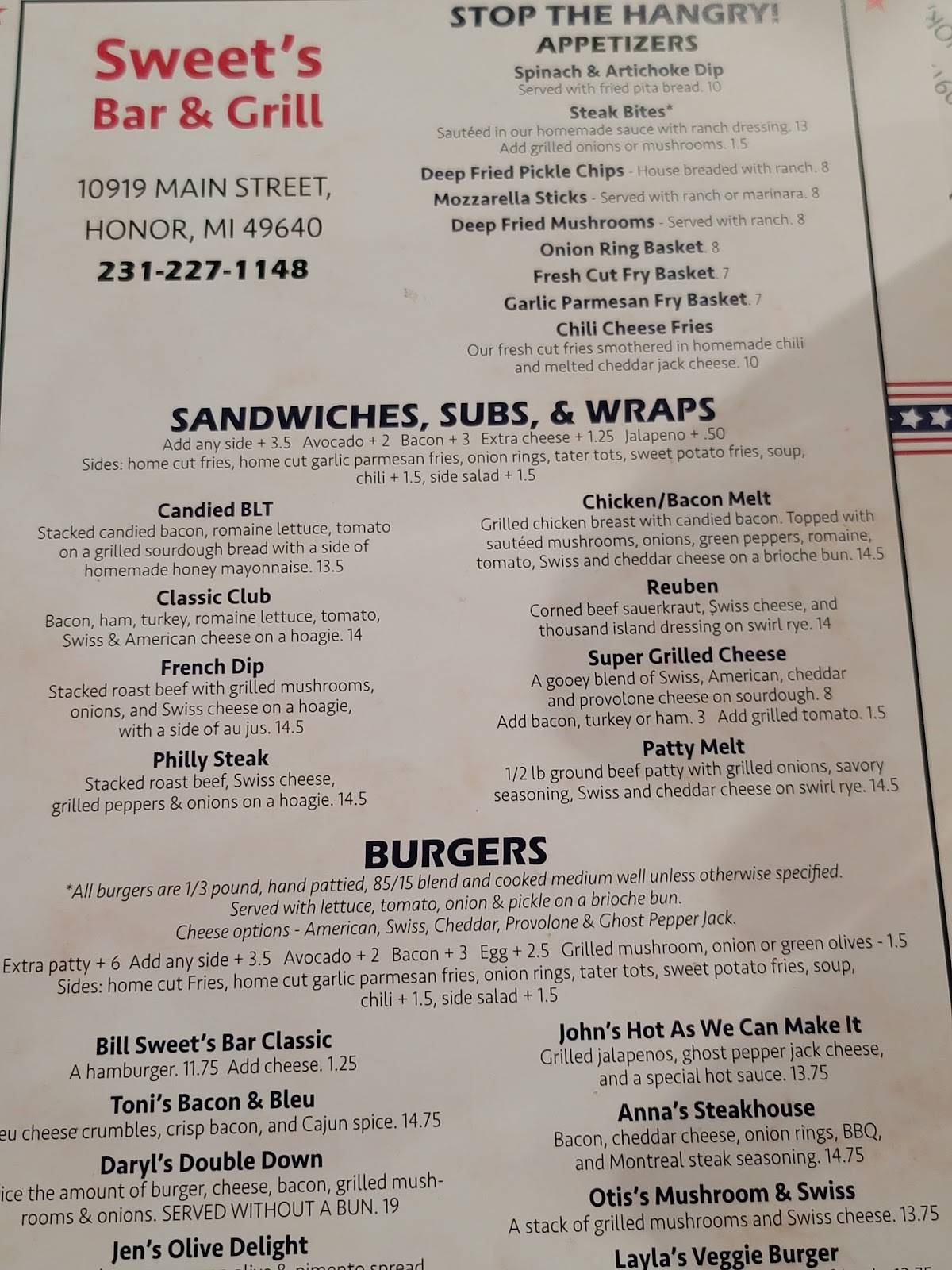 Menu at Sweet's Bar and Grill, Honor