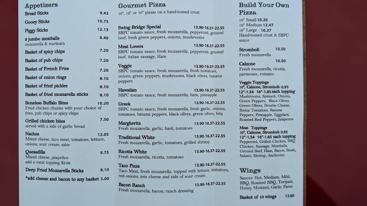 Menu at Swing Bridge Pizza Co pizzeria, Little River
