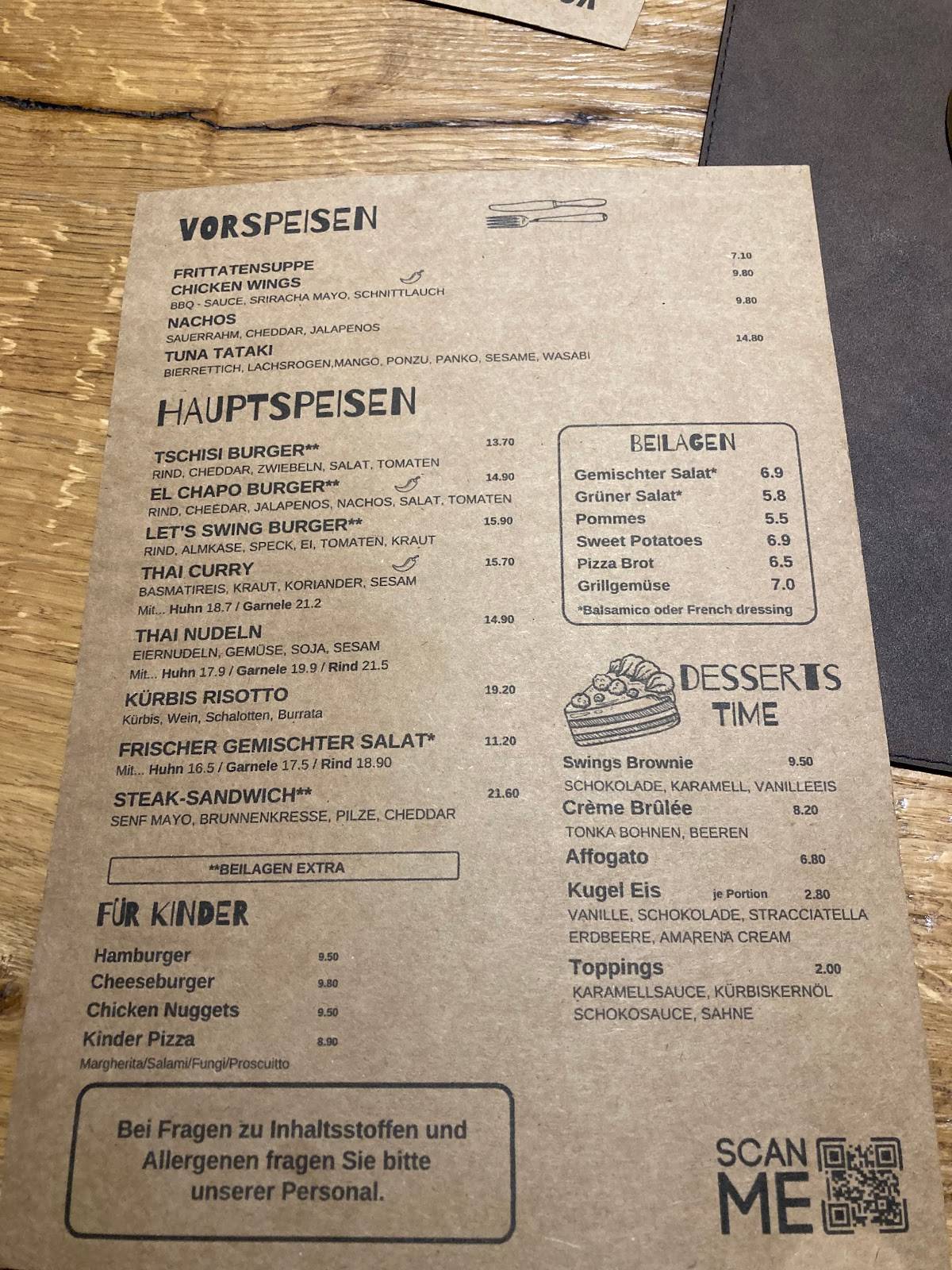 Speisekarte von Swings restaurant, Tux
