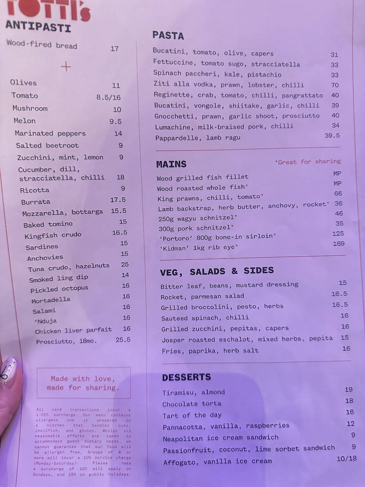 Menu at Bar Totti's, Sydney