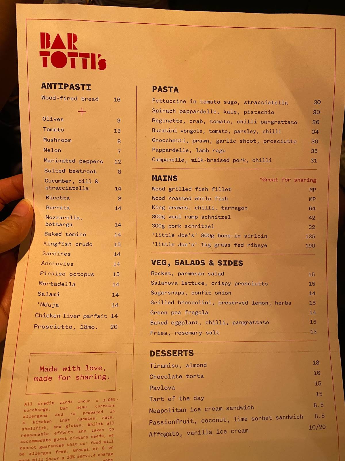 Menu at Bar Totti's, Sydney