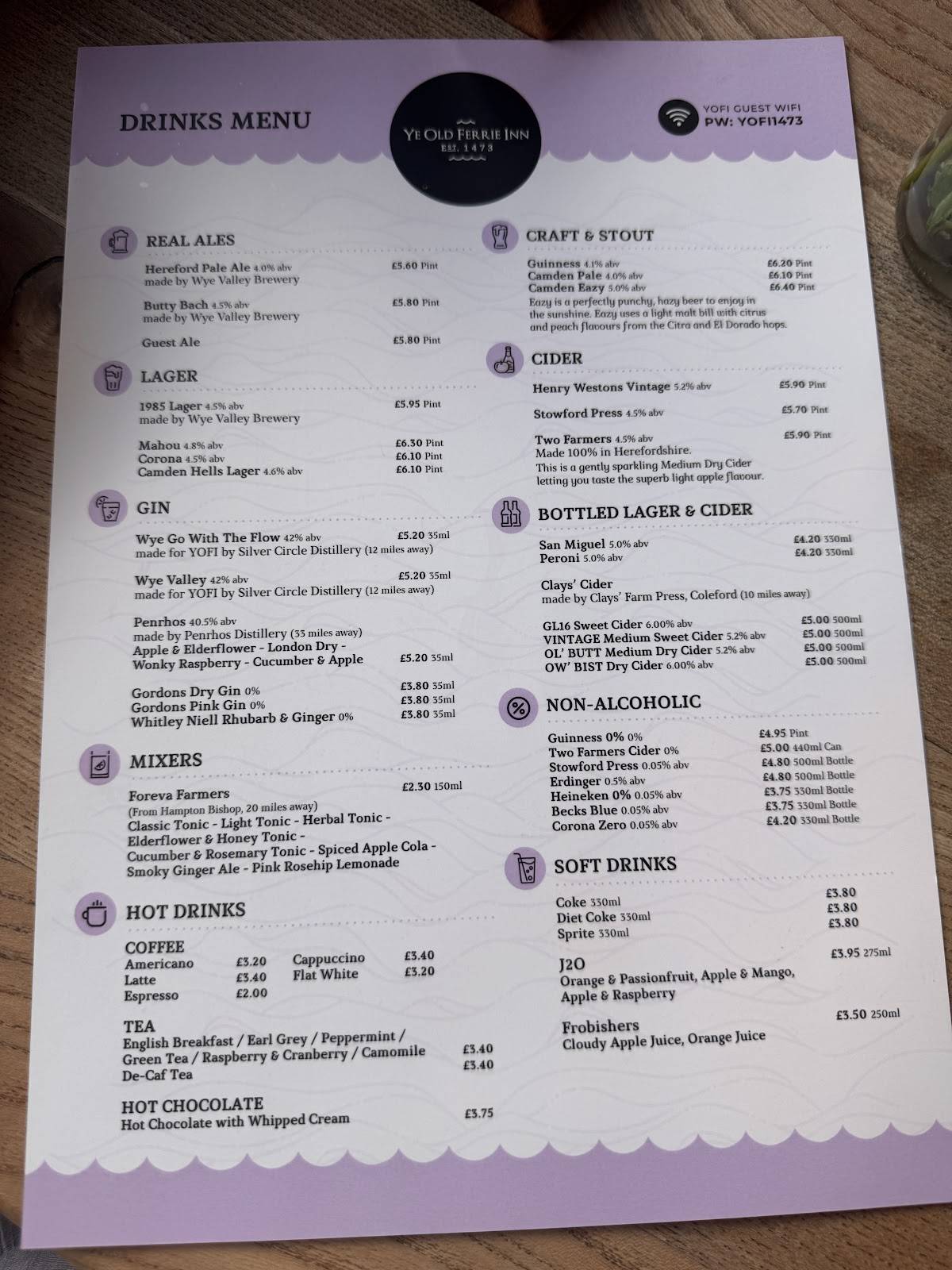 Menu at Ye Old Ferrie Inn pub & bar, Symonds Yat