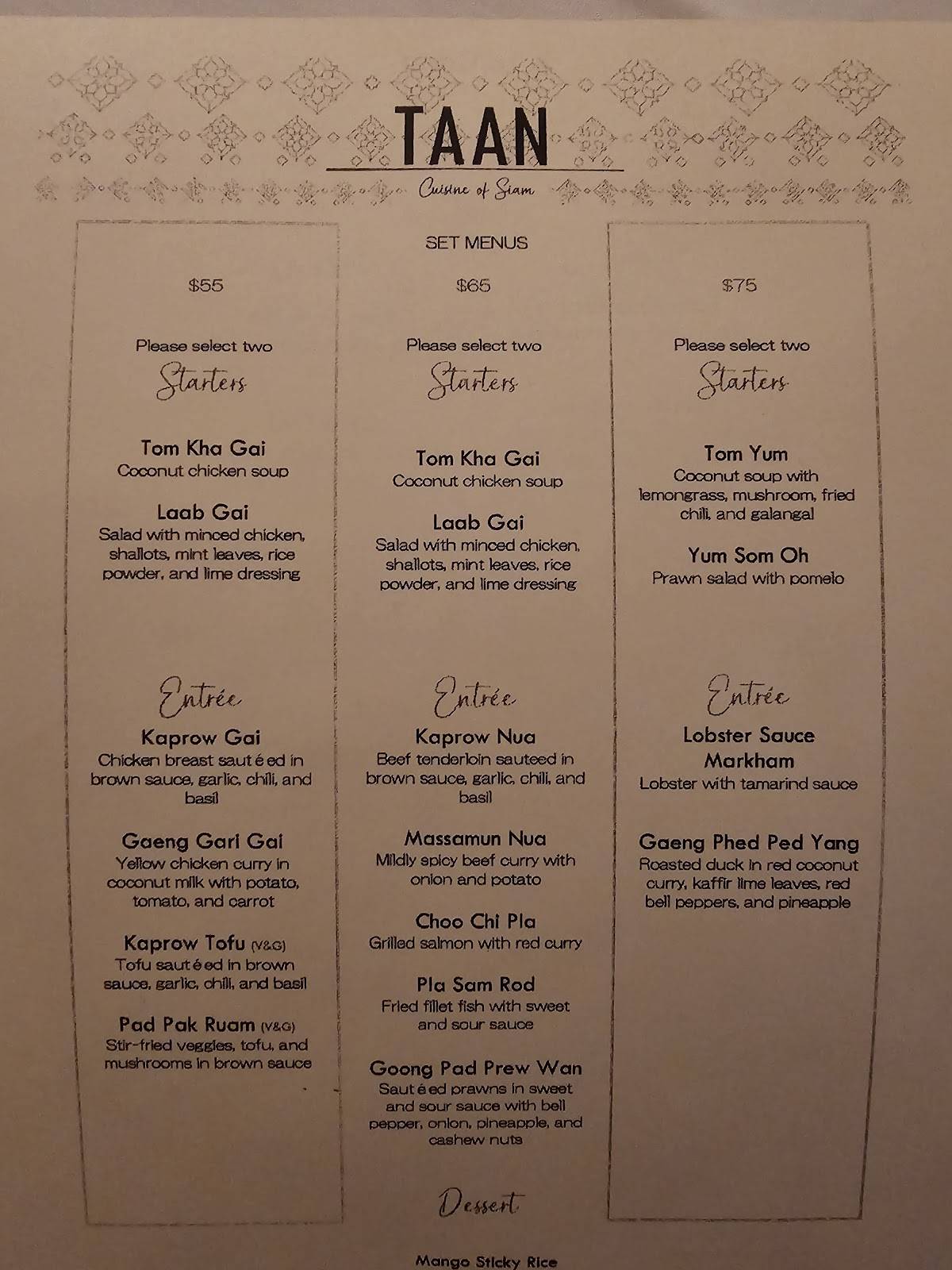 Menu at TAAN Cuisine of Siam restaurant, Bennington