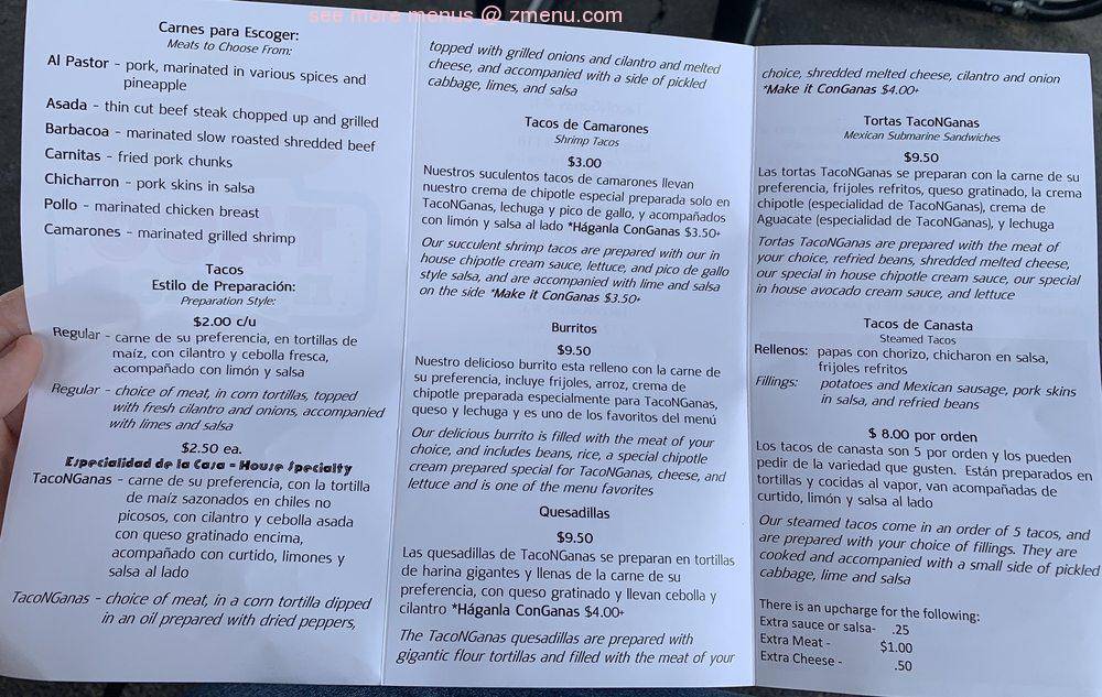 Menu at Taco Nganas restaurant, Memphis, S Perkins Rd