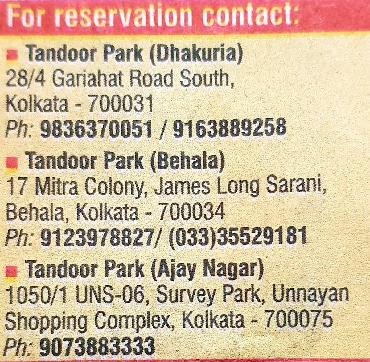 Menu at TANDOOR PARK BEHALA, Kolkata