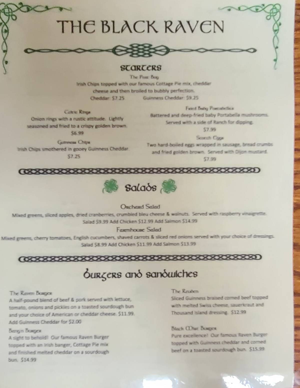 Menu at THE BLACK RAVEN PUB, Harrah