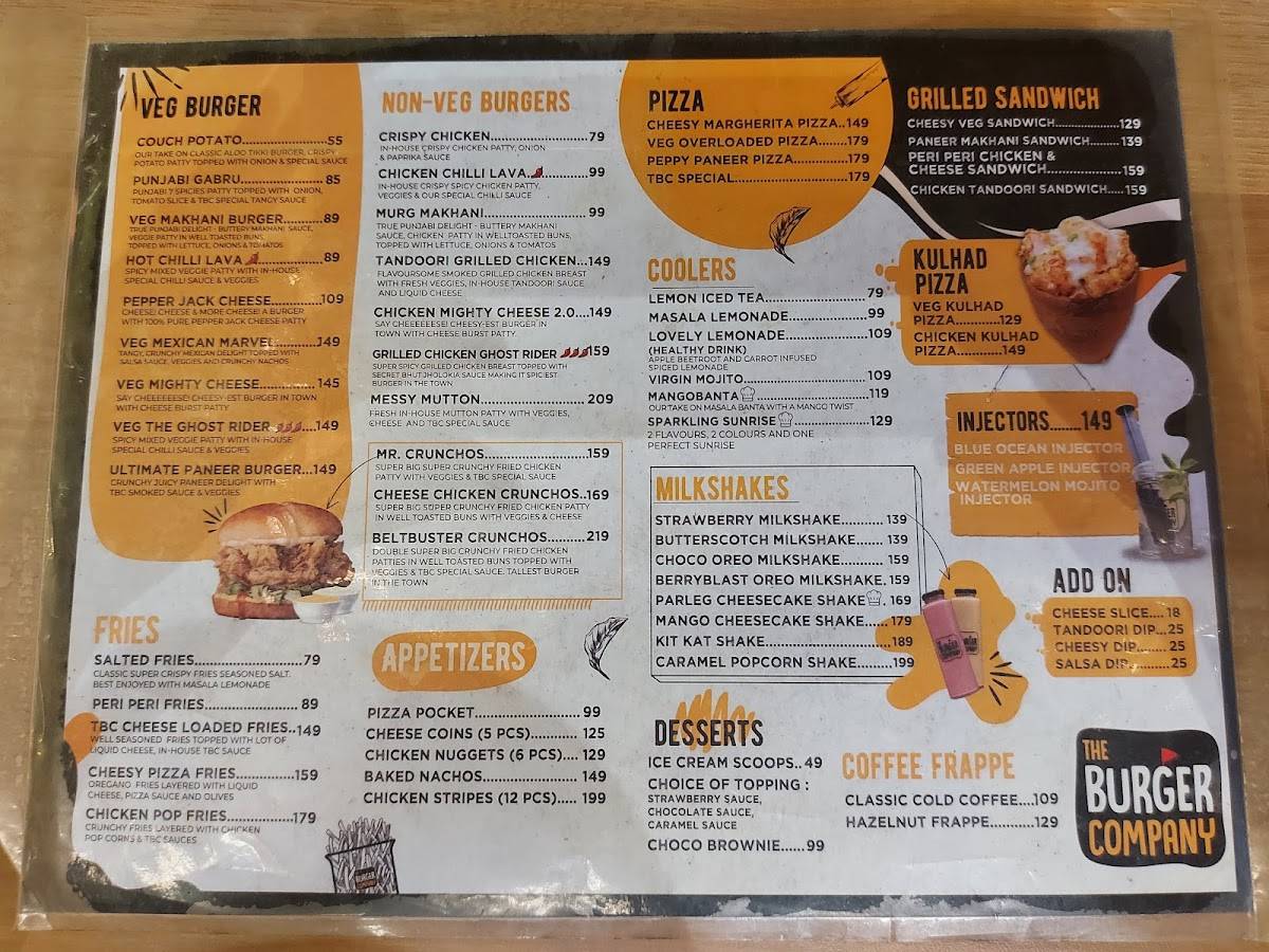 Menu at the burger company, Panchkula, SCO 29