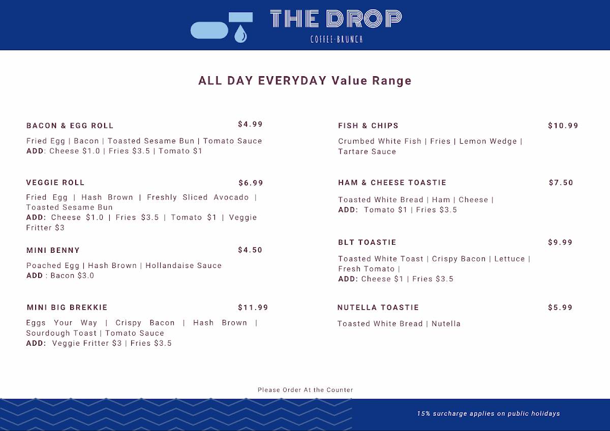 Menu at THE DROP CAFE, Waterford West