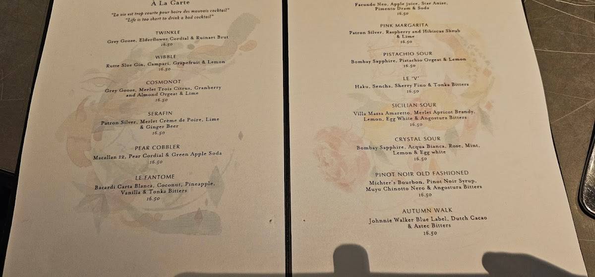 Menu at THE DUCHESS, Amsterdam