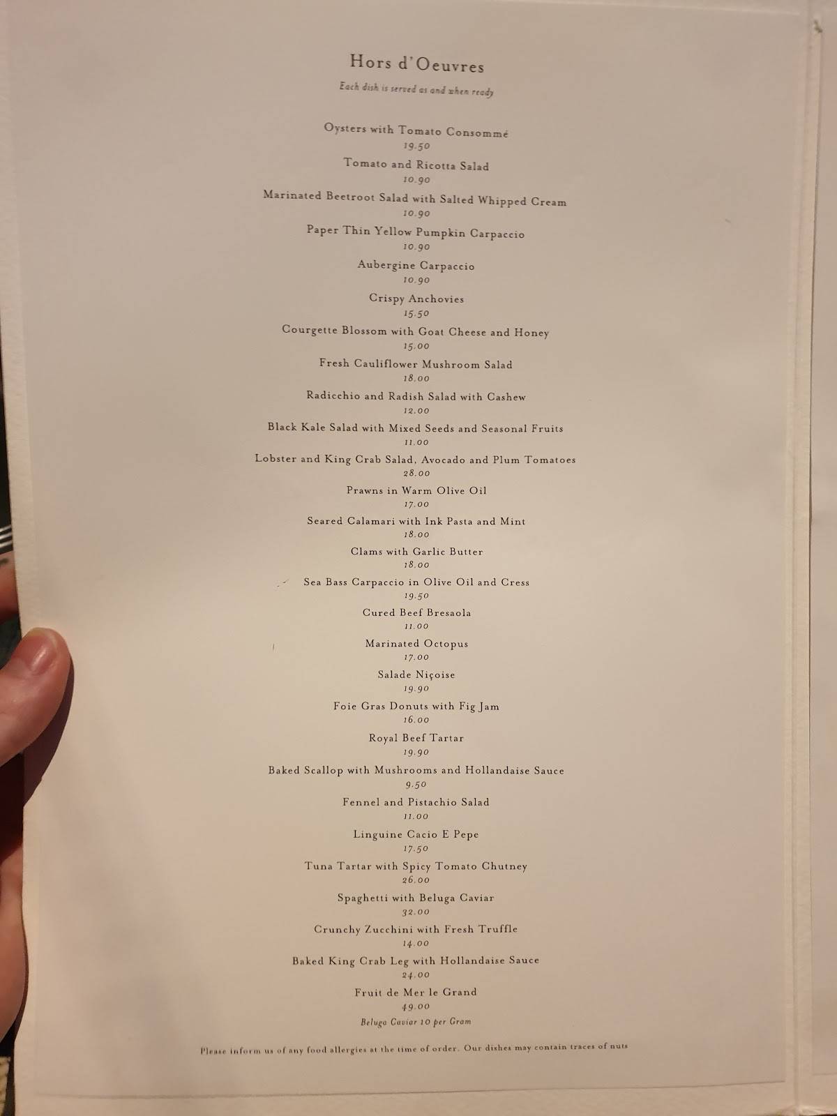 Menu at THE DUCHESS, Amsterdam