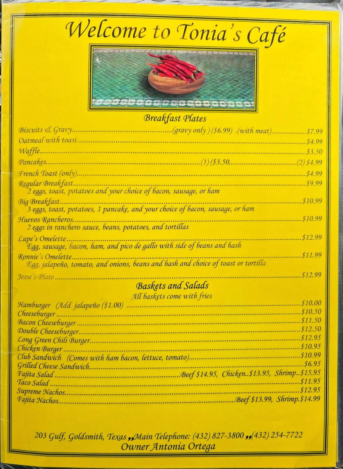 Menu at TONIA'S CAFE, Goldsmith