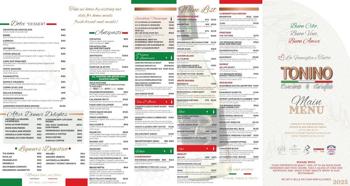 Menu at TONINO CUCINA BENONI restaurant, Benoni