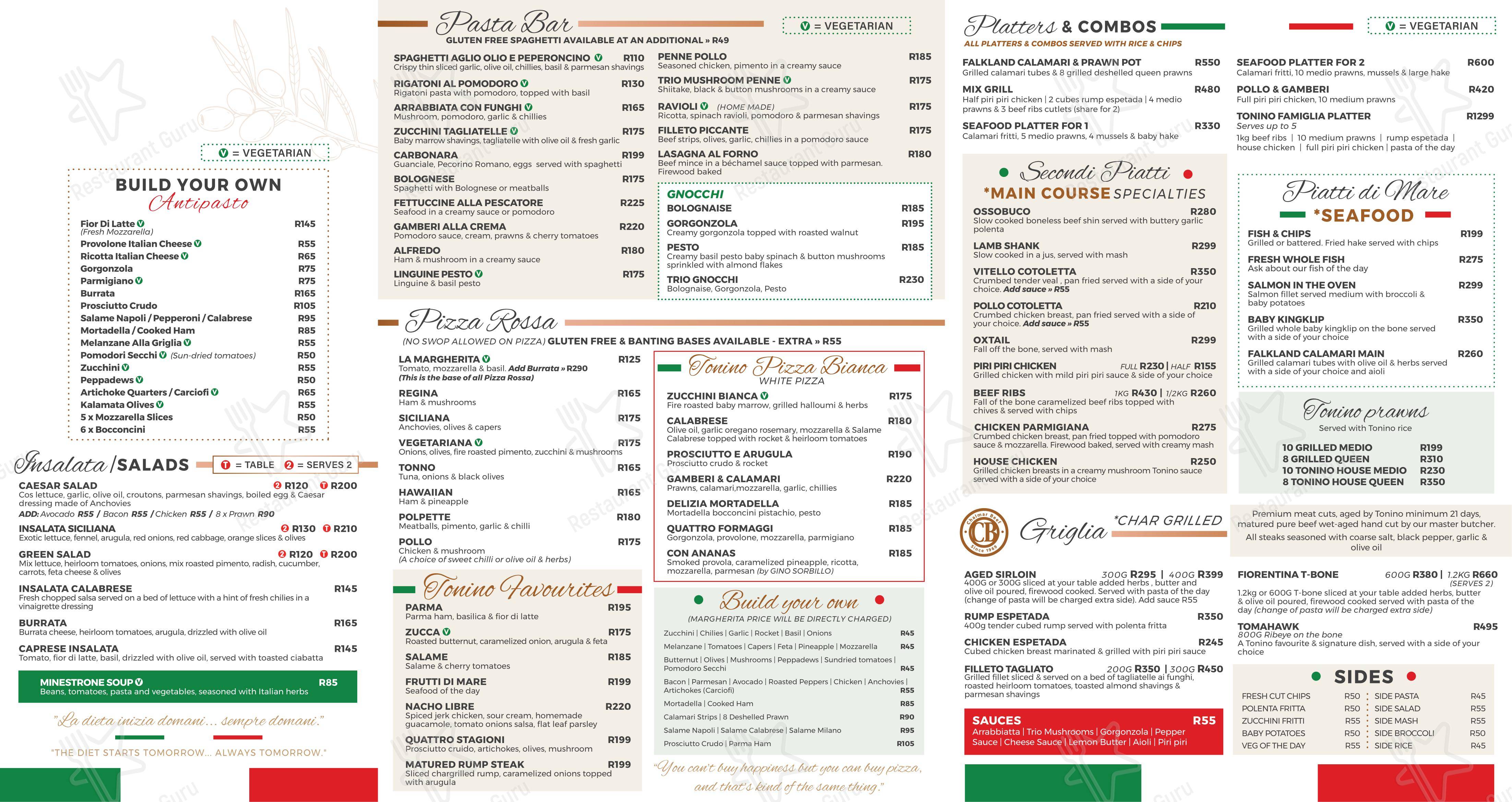 Menu at TONINO CUCINA BENONI restaurant, Benoni