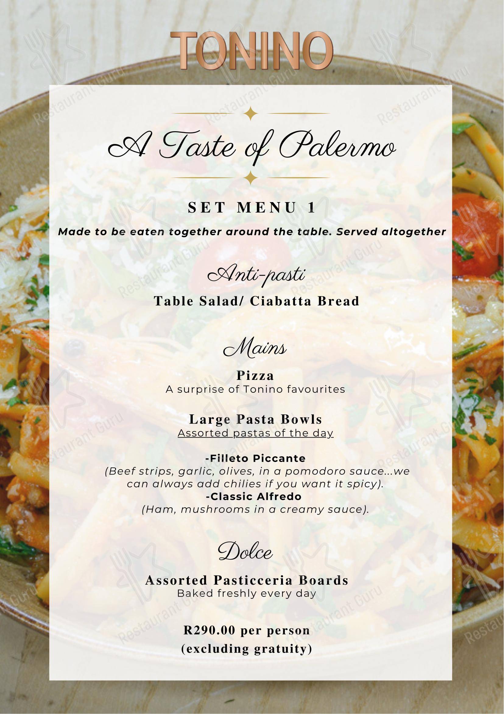 Menu at TONINO CUCINA BENONI restaurant, Benoni