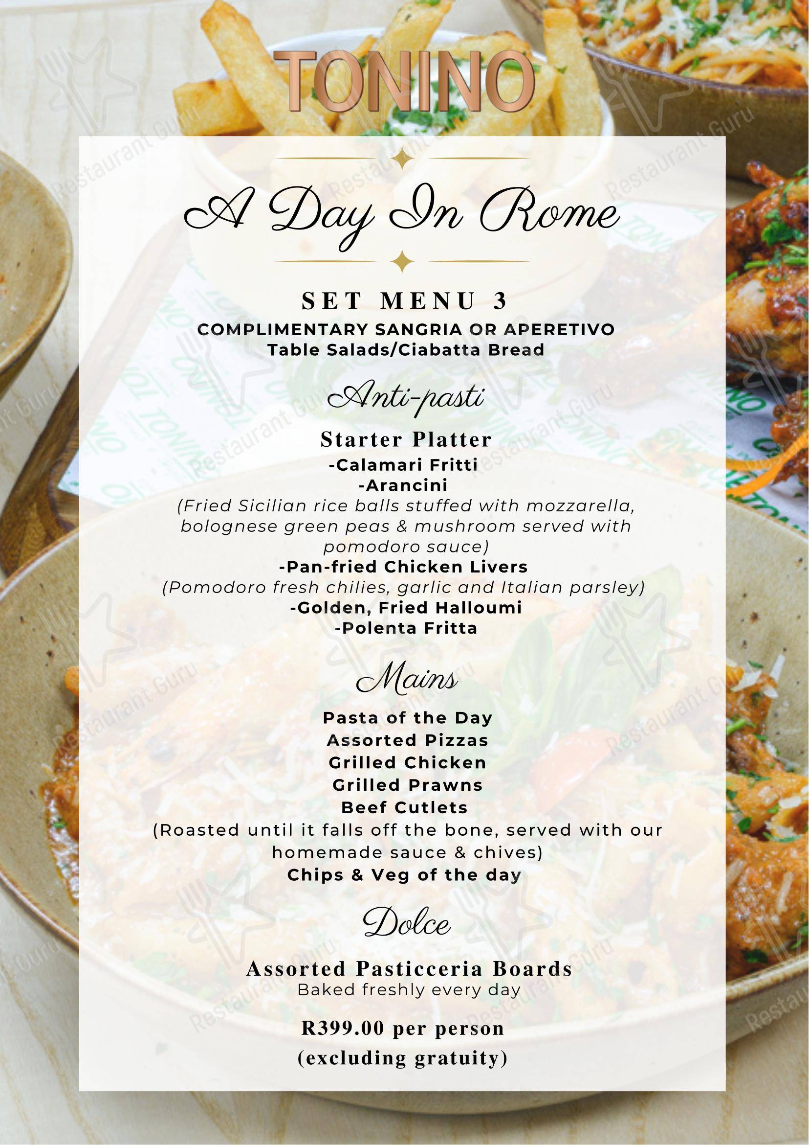 Menu at TONINO CUCINA BENONI restaurant, Benoni