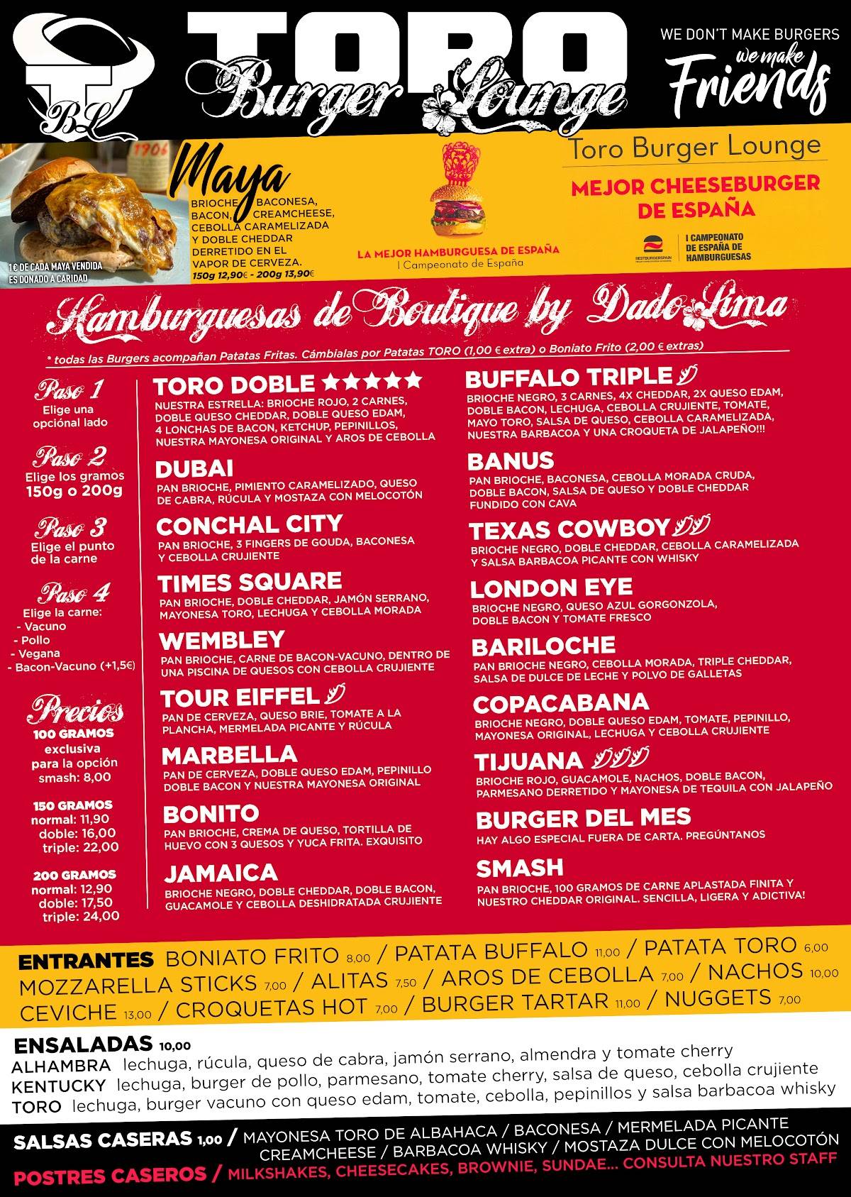 Carta del restaurante Toro Burger Lounge, Madrid