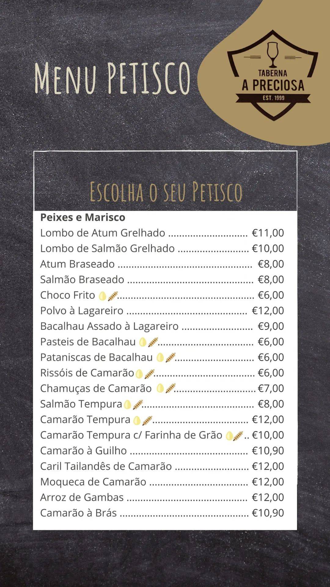 Menu at Taberna A Preciosa restaurant, Lisbon, Av. Padre Cruz 1600