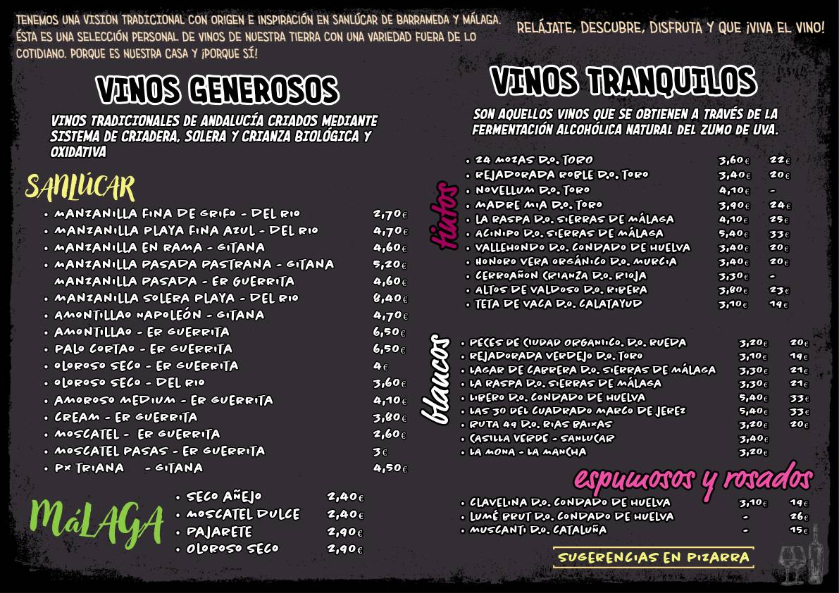 Menu at Taberna La Bagandí, Fuengirola