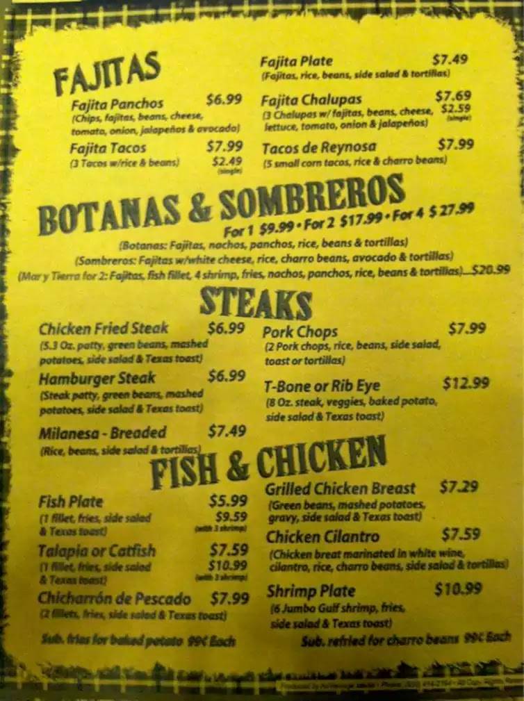 Menu at Taco Fiesta restaurant, Pharr, S Cage Blvd