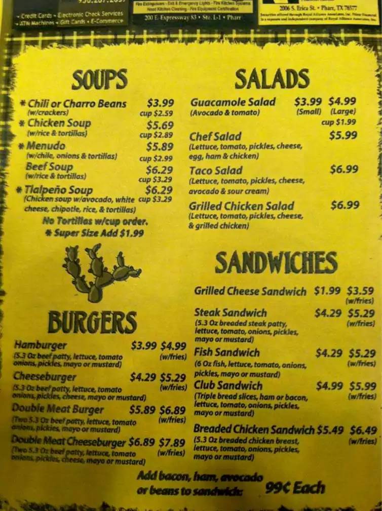 Menu at Taco Fiesta restaurant, Pharr, S Cage Blvd