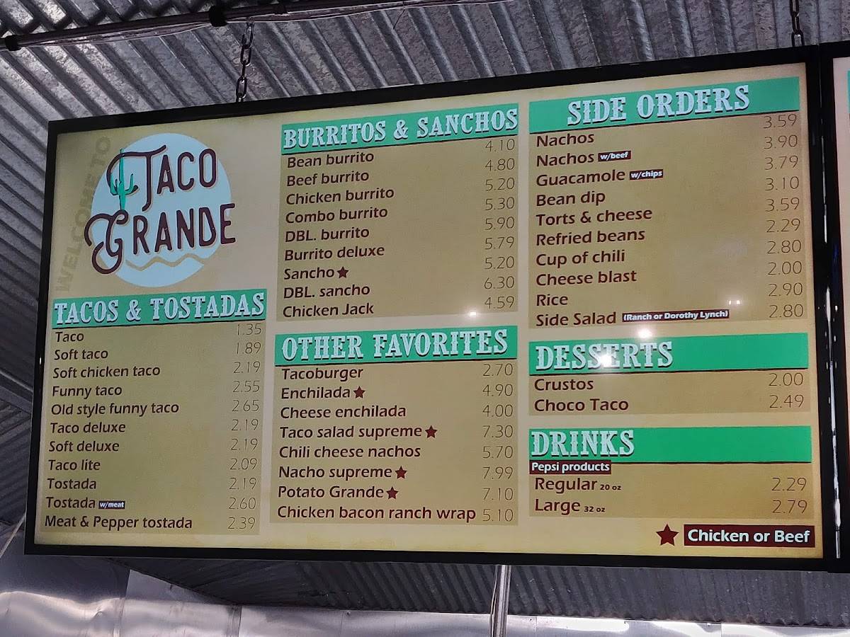 Menu at Taco Grande restaurant, Hays