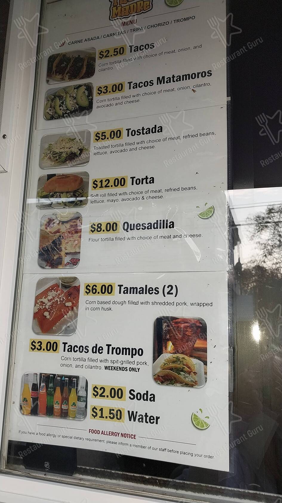 Menu at Taco'n Madre ri restaurant, Pawtucket
